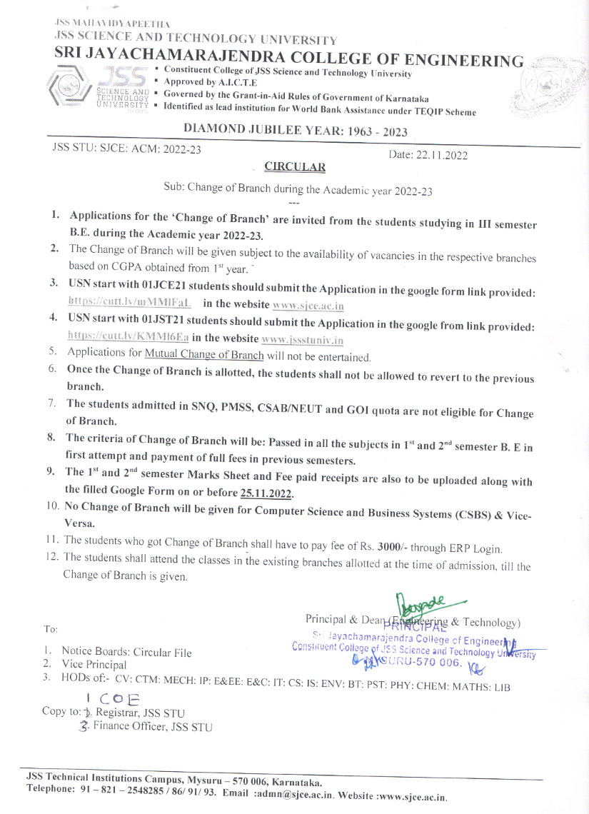 Sri Jayachamarajendra College of Engineering » Change of Branch 2022-23
